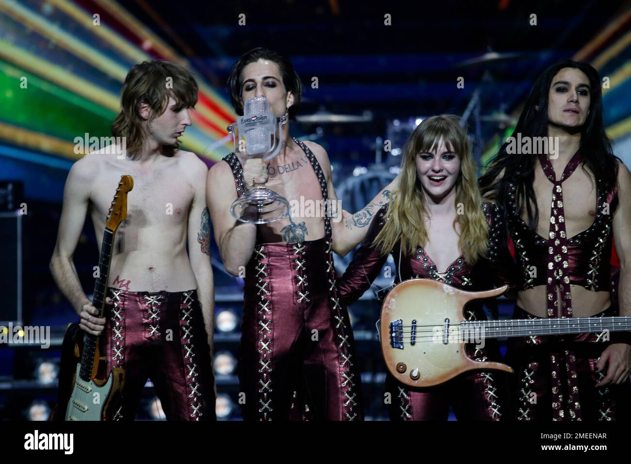 Members of the Maneskin from Italy Thomas Raggi, from left, Damiano David, Victoria De Angelis ...
