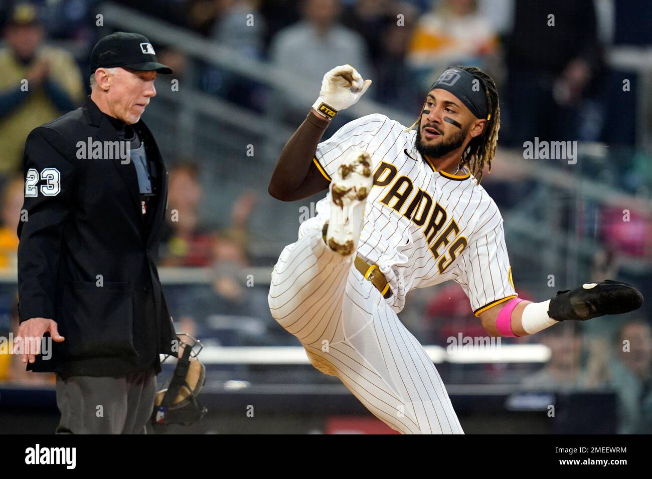 San Diego Padres' Fernando Tatis Jr. reacts after scoring on a single ...