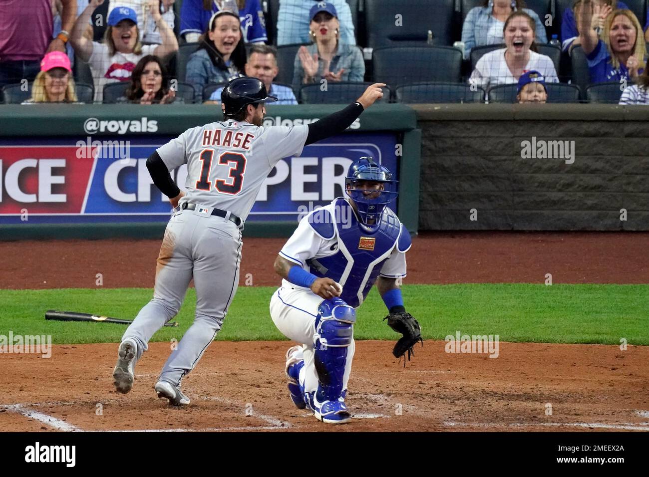 Detroit Tigers' Eric Haase (13) celebrates after scoring on a single by ...