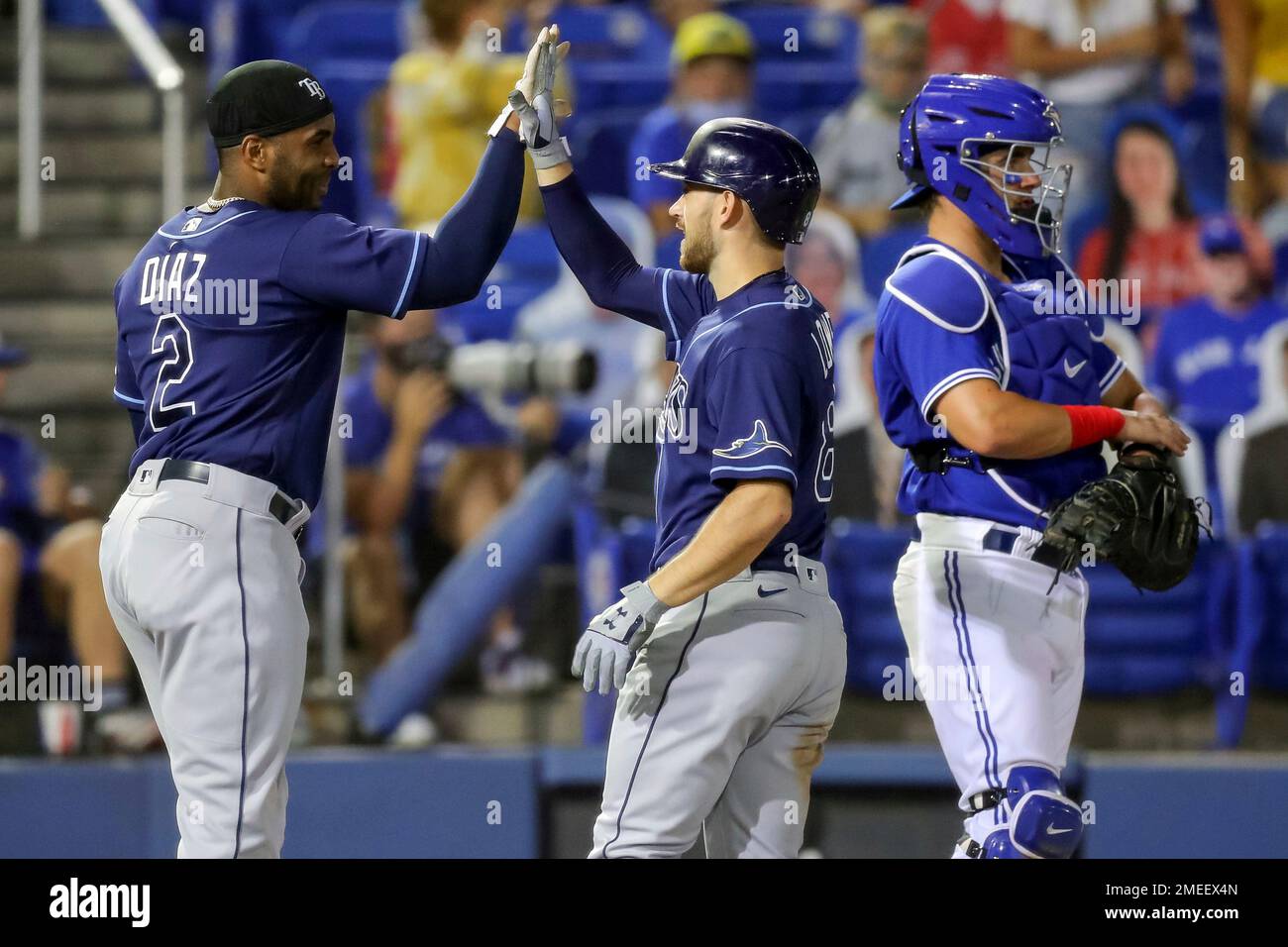 Tampa Bay Rays' Yandy Diaz (2) congratulates Brandon Lowe on his two ...