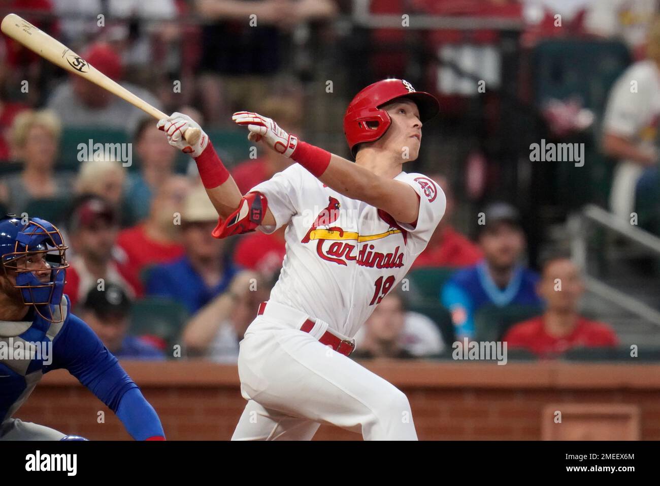 St. Louis Cardinals' Tommy Edman watches his RBI double during the ...