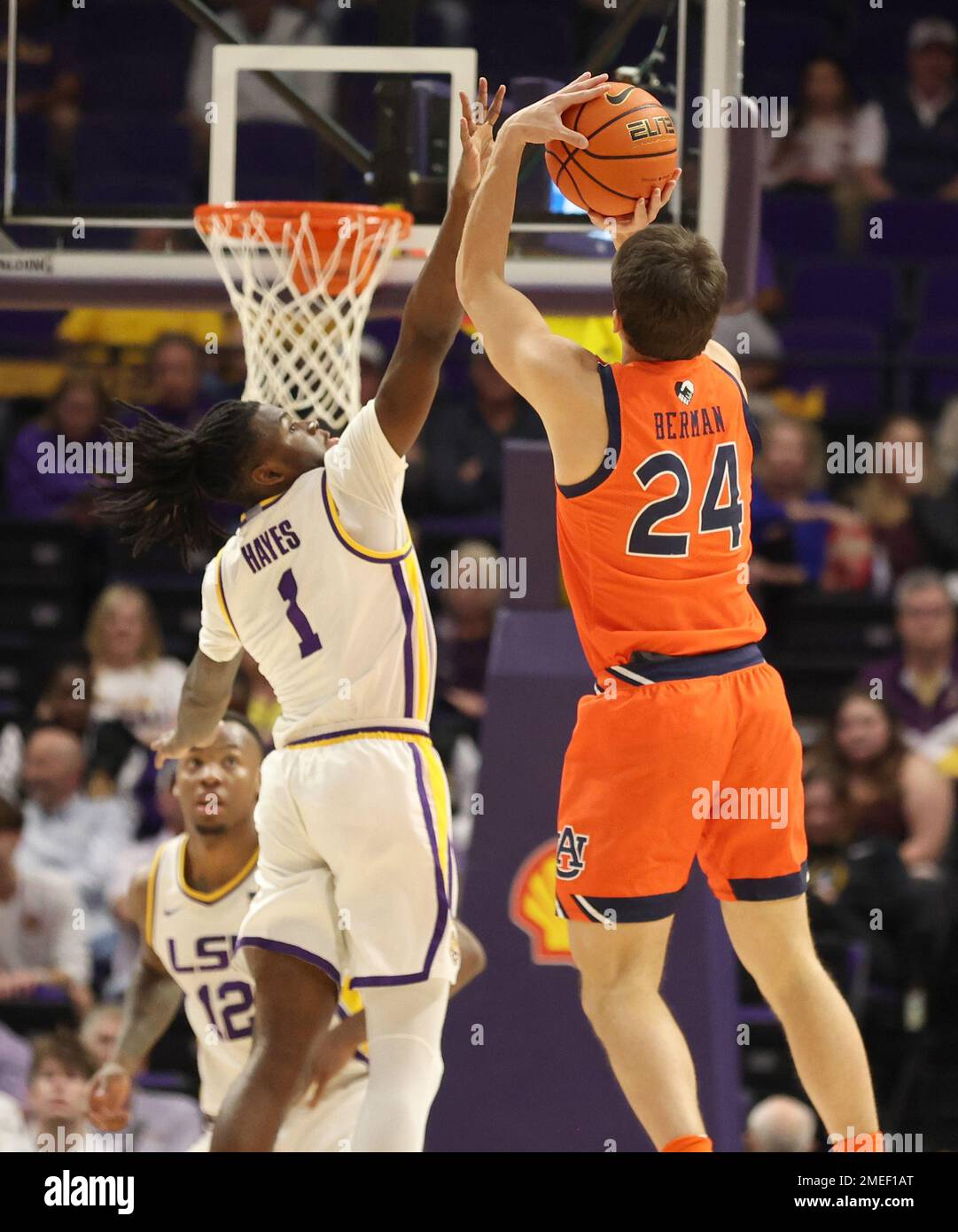 Auburn guard Lior Berman (24) shoots a jumper on LSU guard Cam Hayes (1 ...