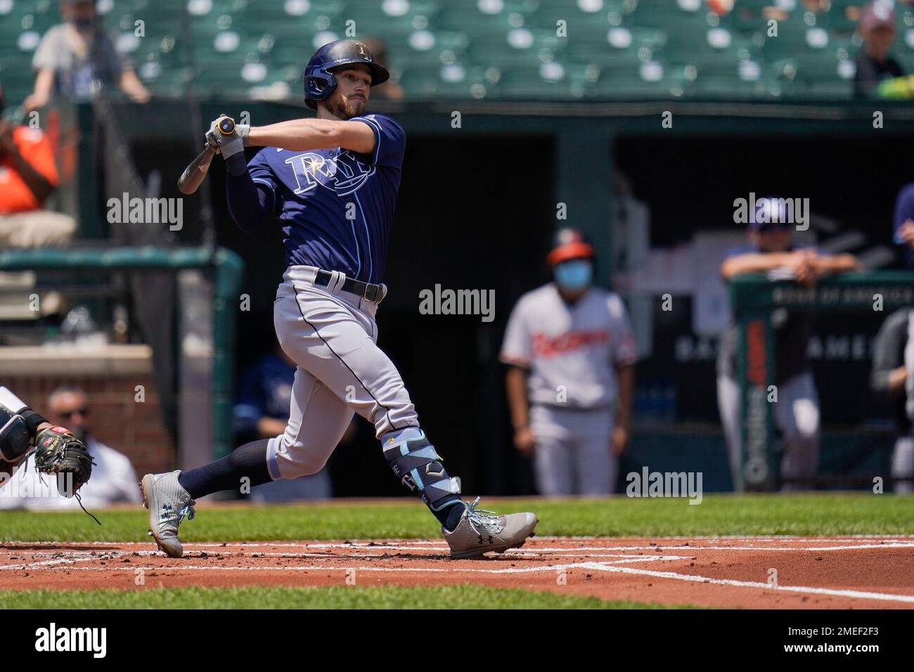 Tampa Bay Rays' Brandon Lowe singles against the Baltimore Orioles ...