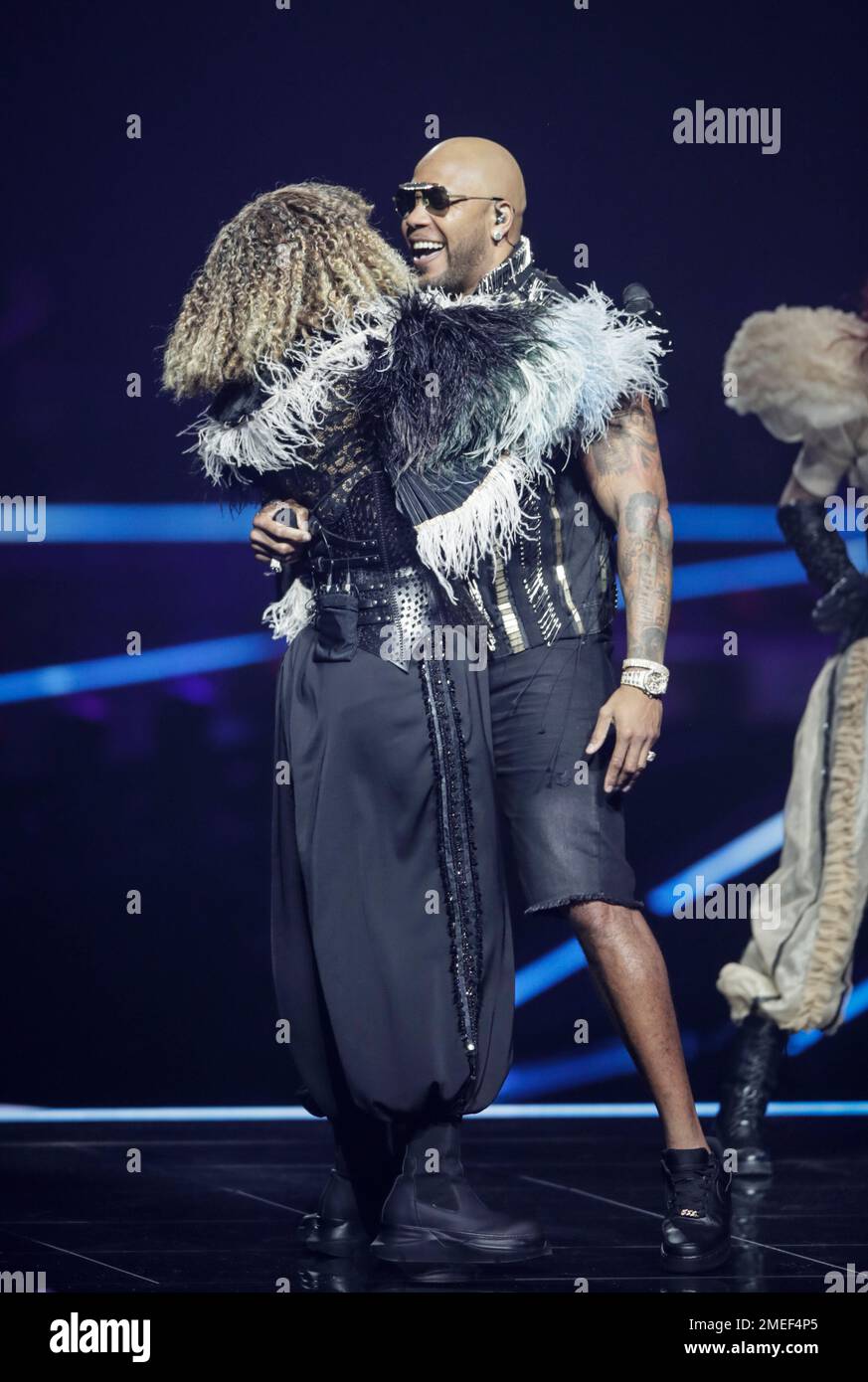 Senhit, left, from San Marino embraces rapper Flo Rida at the second ...