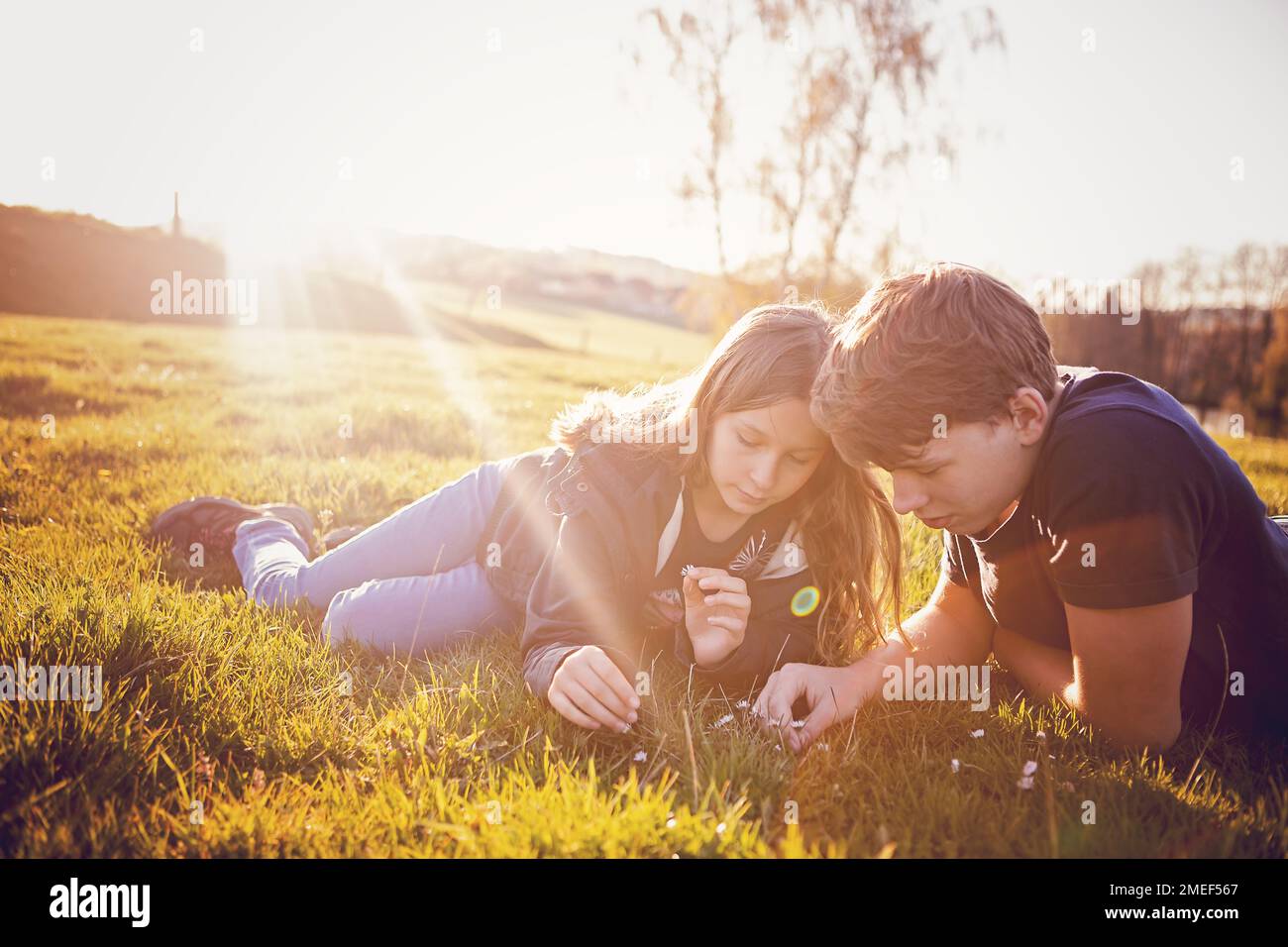Brother and sister, siblings, boy and girl, children during sunset, on ...