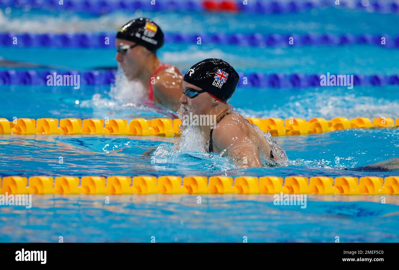 Britain's Abbie Wood, bottom, competes during women's 200 meters ...