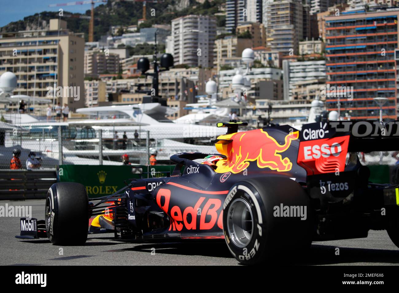Red Bull driver Sergio Perez of Mexico steers his car during the first free practice for Sunday ...