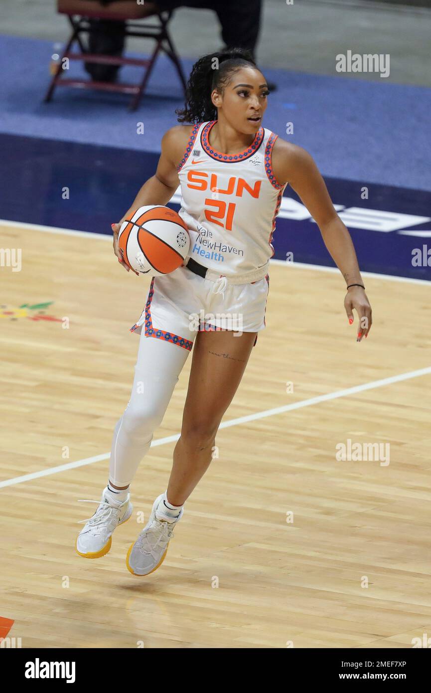 Connecticut Sun's DiJonai Carrington (21) during a WNBA basketball game ...