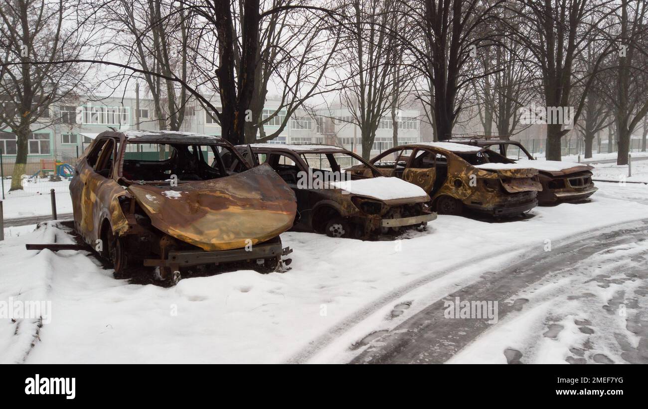 Burnt cars body on the street. The car after the fire. Burned out car ...