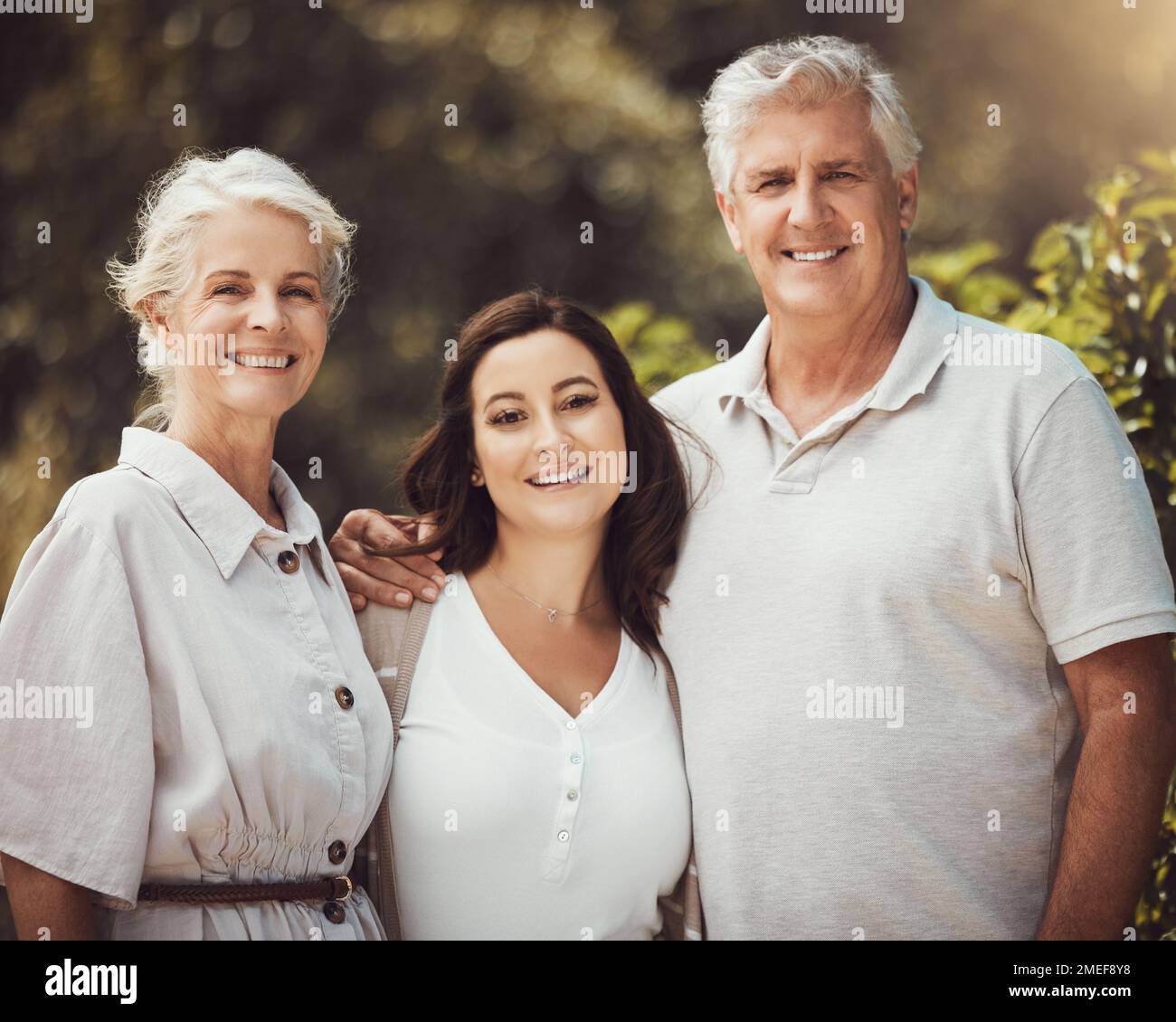 Happy family, portrait and bonding with senior parents, mother or ...