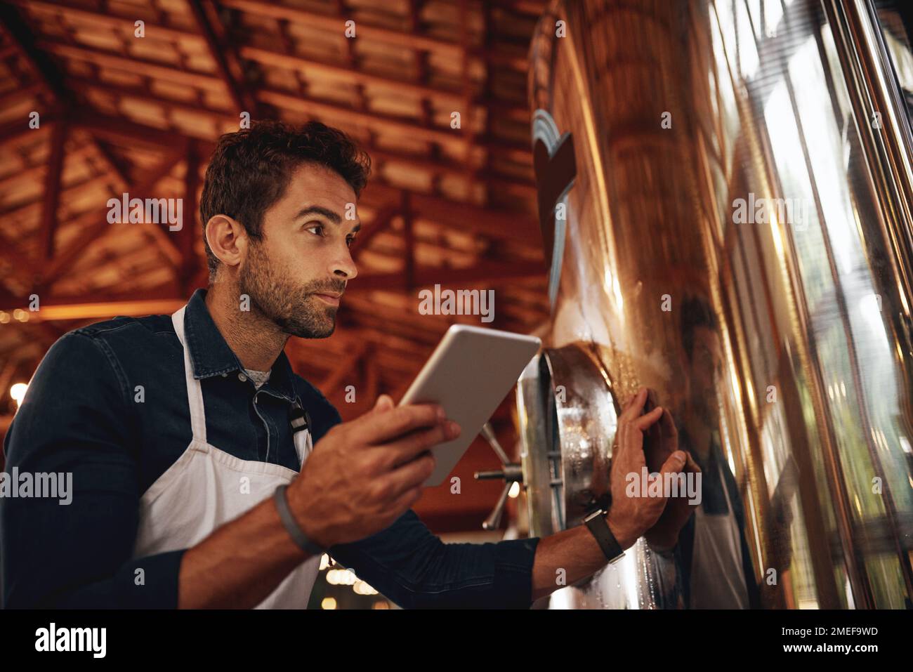 We need more of our famous beer. a cheerful young barman browsing on a ...