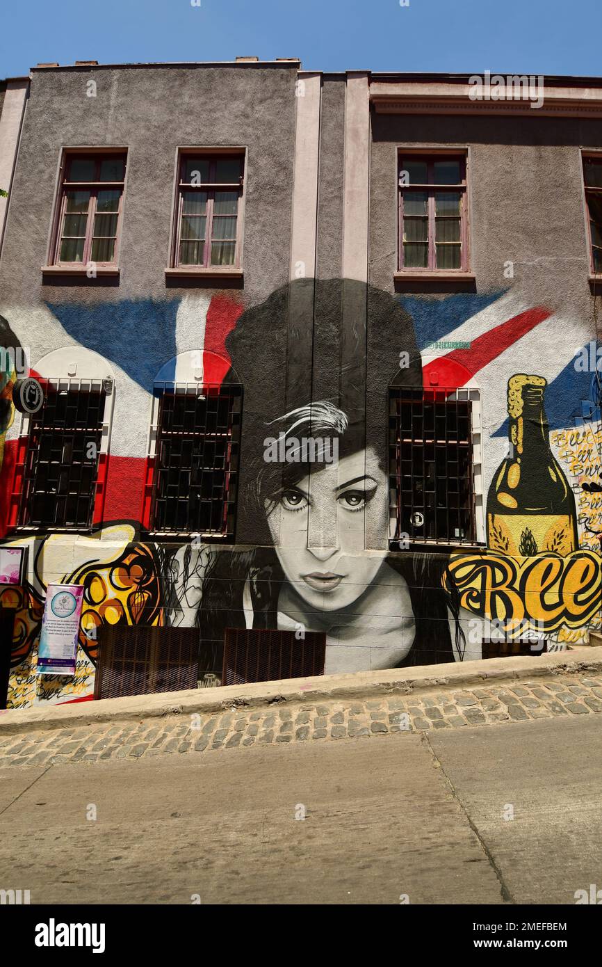 Amy Winehouse Street art graffiti in Valparaiso Chile colorfull Stock ...