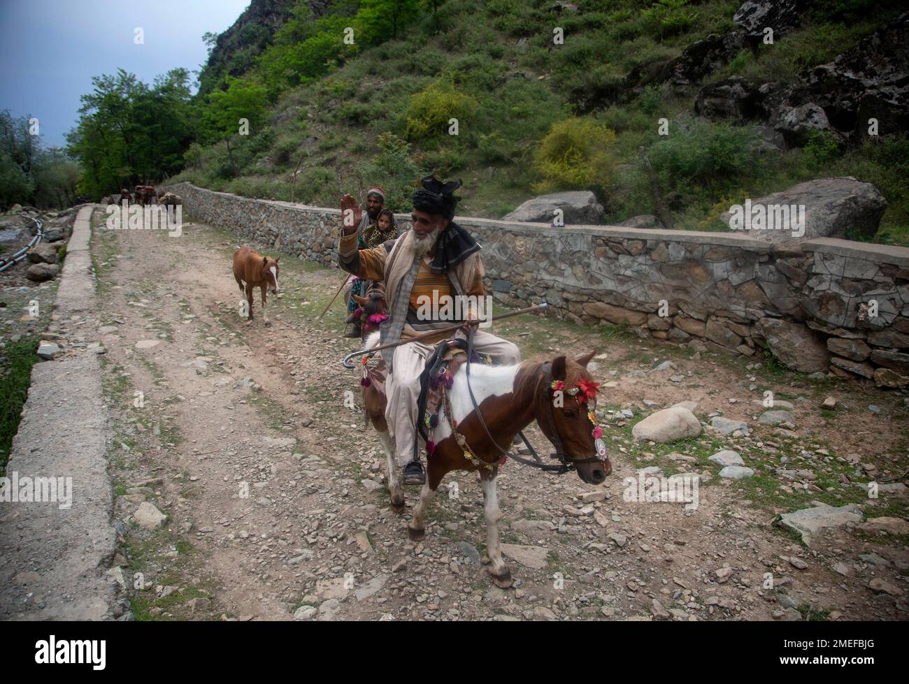 A Kashmiri nomadic Bakarwal family ride on their horses on the ...
