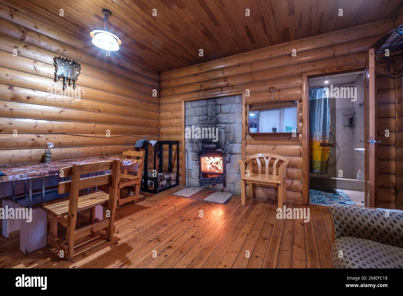 standard design classic wooden russian bath sauna interior with hot ...