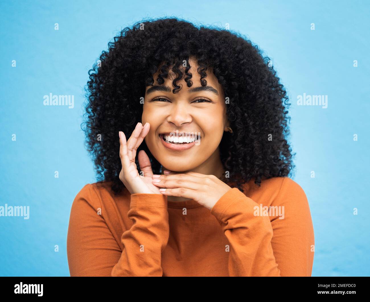 Portrait, beauty and smile by black woman in studio for grooming ...