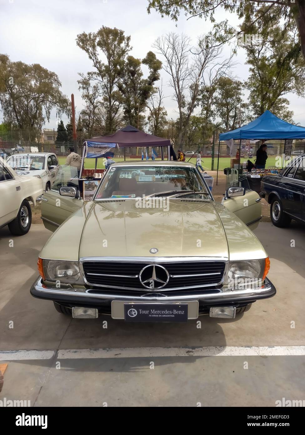 Lanus, Argentina - Sept 25, 2022: Old beige 1980 Mercedes Benz SLC C107 ...