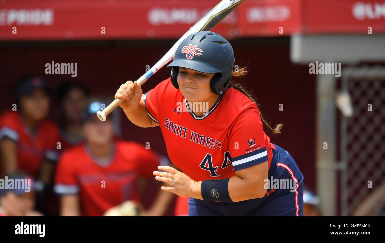 Saint Mary's College Gaels Maddie Gallagher #44 gets hit by a pitch ...