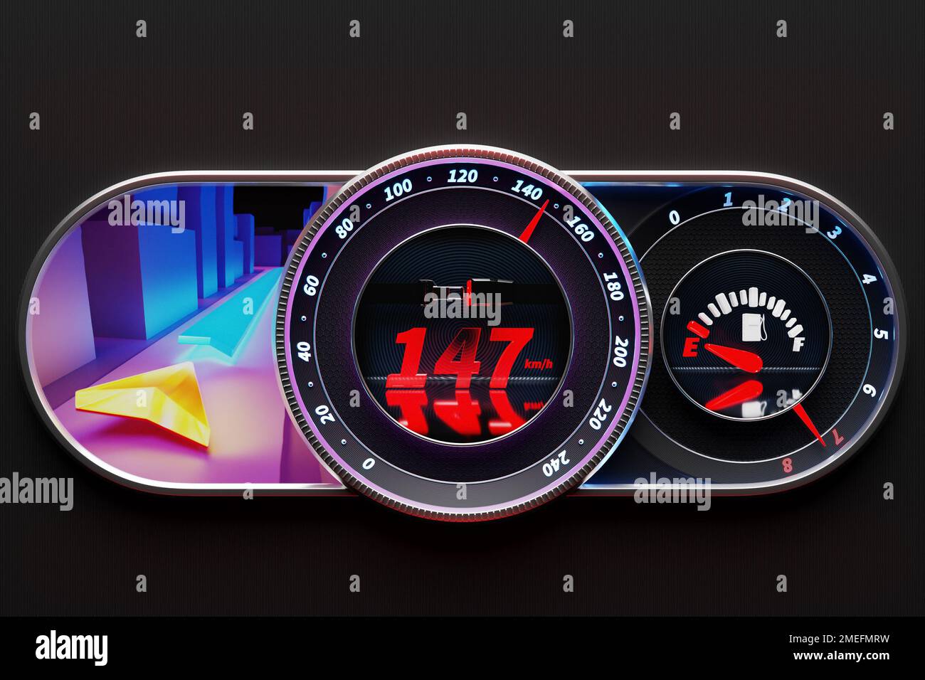 3D illustration of new car interior details. The speedometer shows the maximum speed of 147 km h ...