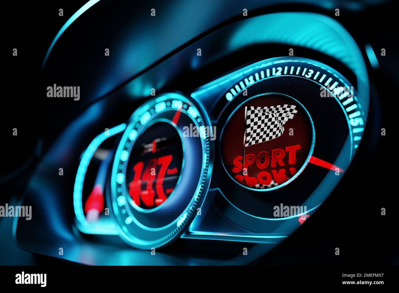 3D illustration of new car interior details. The speedometer shows the ...