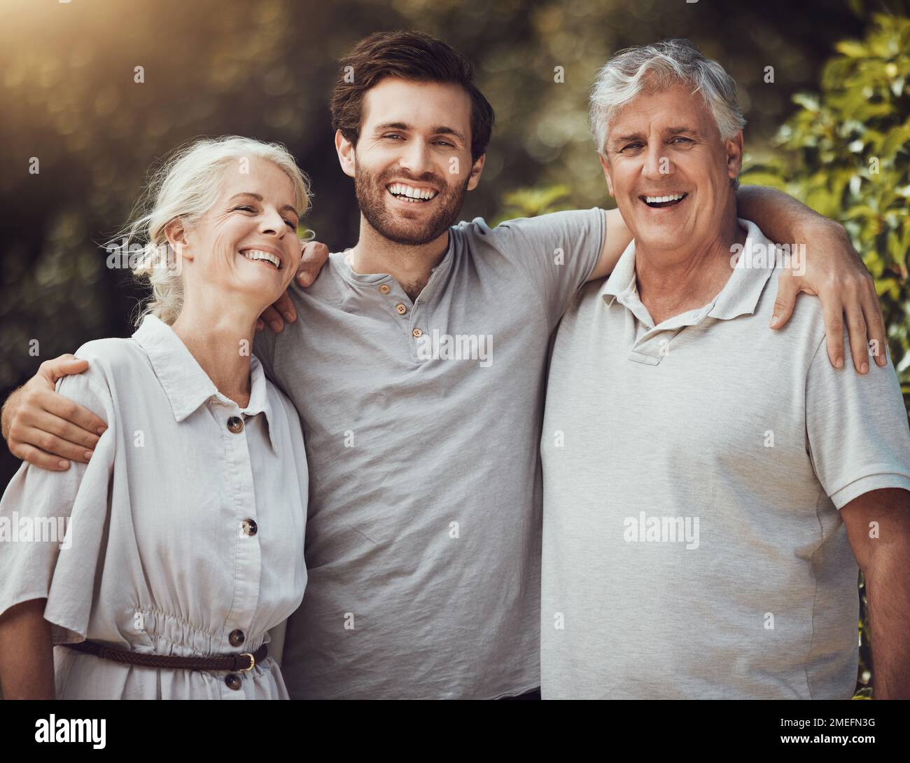 Happy family, portrait or bonding with senior parents, mother or father ...