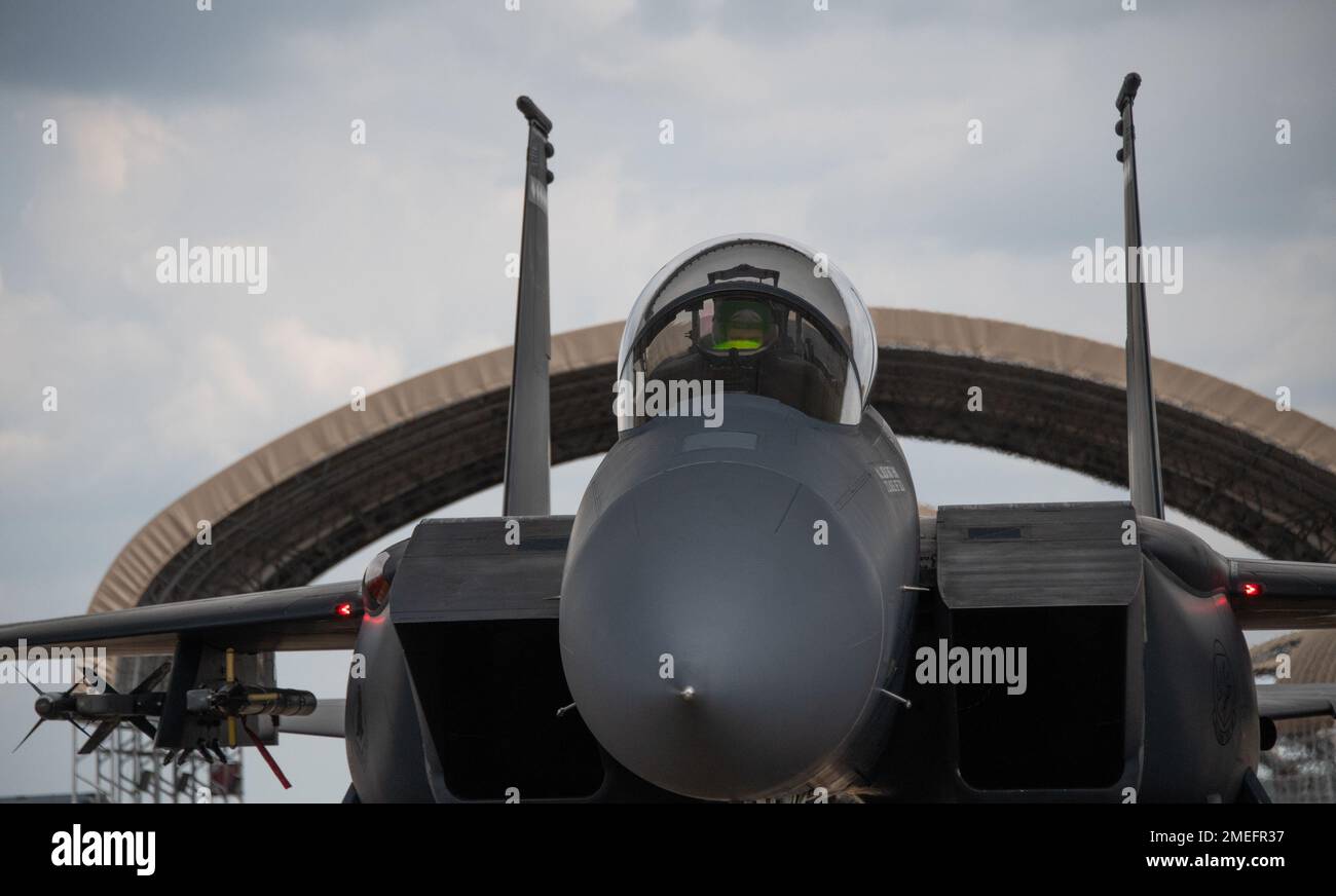 An F-15E Strike Eagle prepares to taxi to perform an in-flight vapor ...