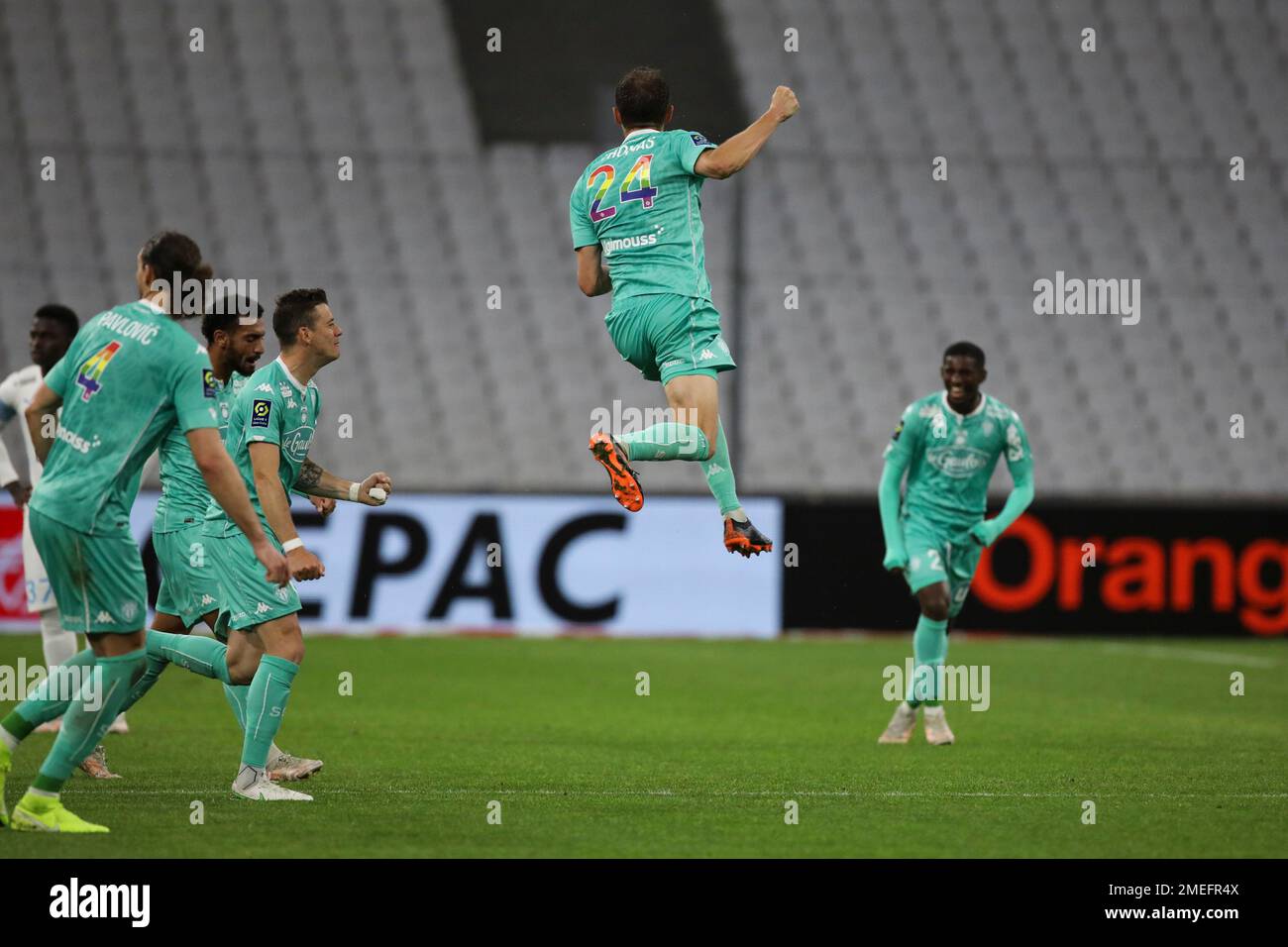 Angers' Romain Thomas celebrates his goal after it is validated during ...