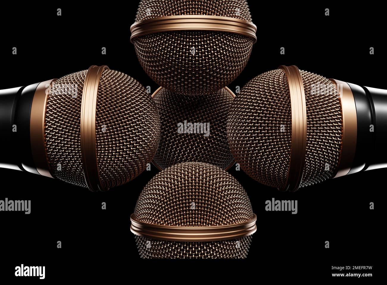 Microphones, round shape model on black background, realistic 3D mockup ...