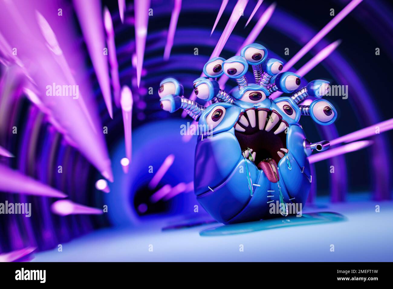 3D illustration of a scary blue monster quickly creeps along the ...