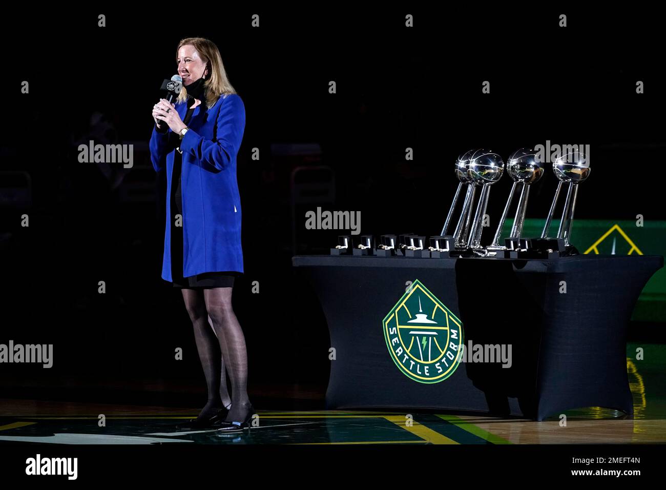 WNBA commissioner Cathy Engelbert addresses fans during a championship ...