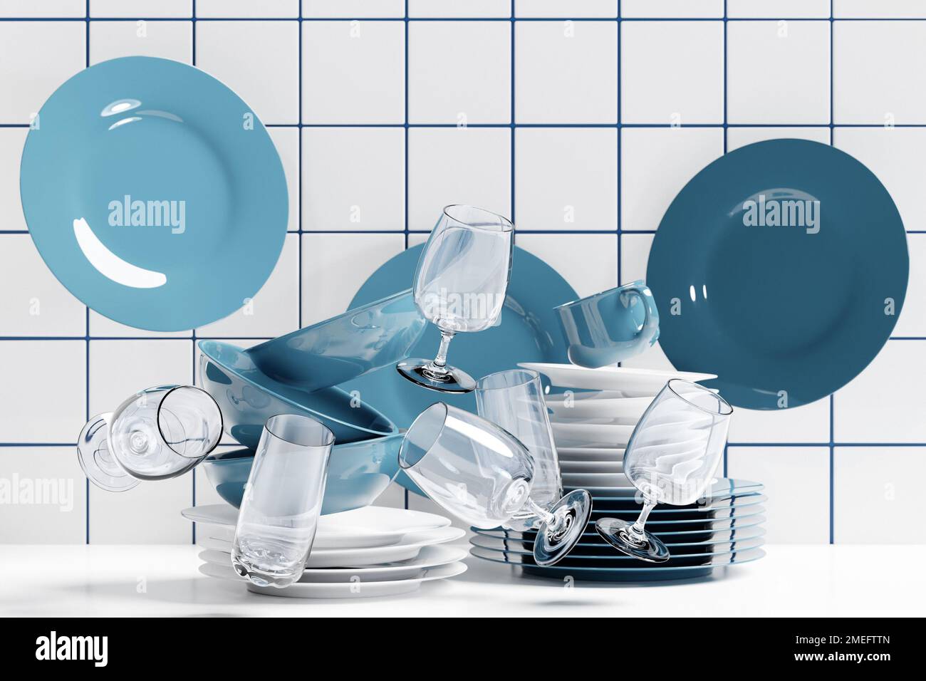 A set of clean plates, glasses, glasses scatter in different directions ...