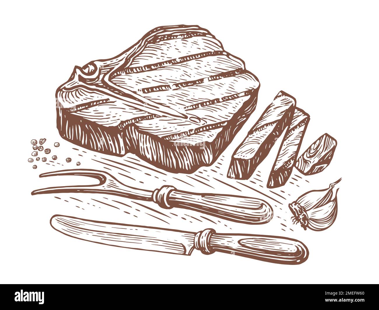 Hand drawn cuts of beef. Grilled meat sketch. Steak house, grill ...