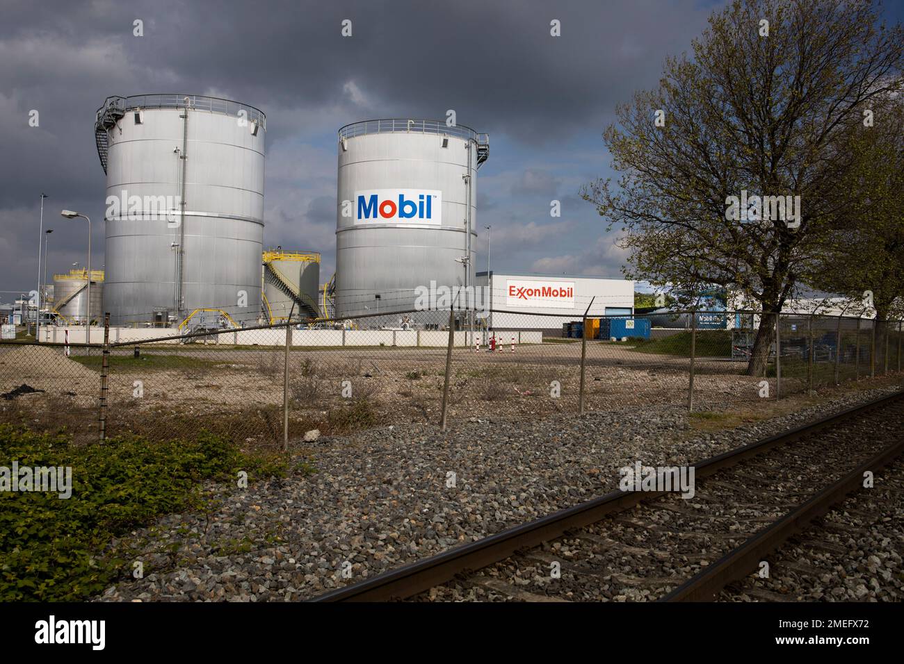 View of Exxon Mobil storage tanks of the petrochemical industry in the ...