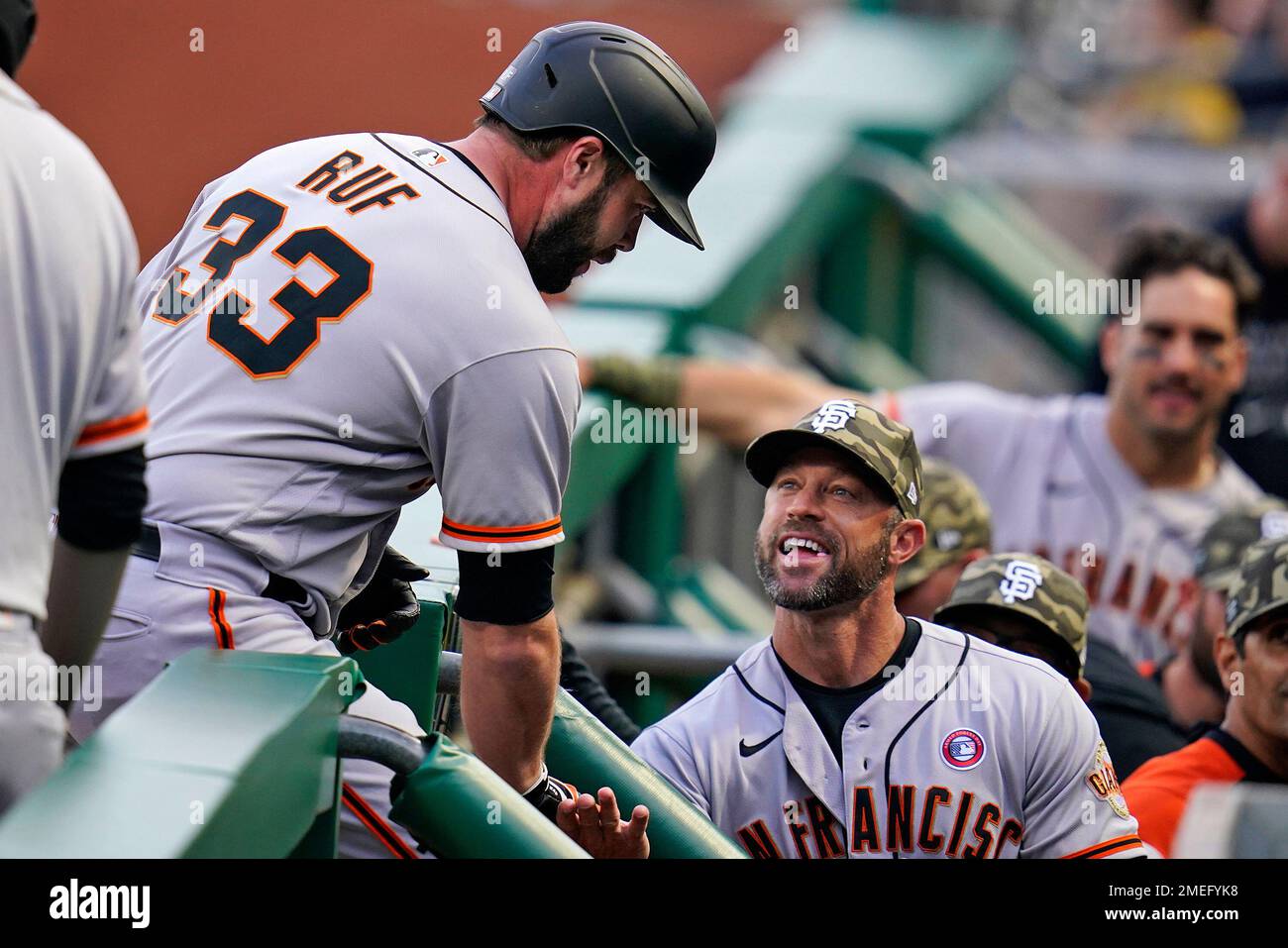 San Francisco Giants' Darin Ruf (33) is greeted by manager Gabe Kapler ...