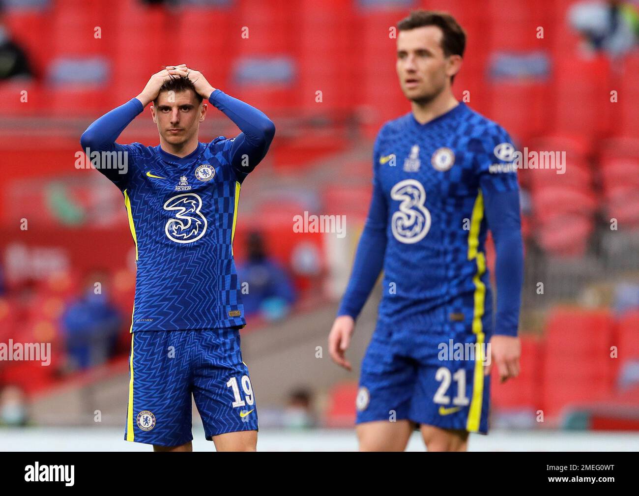 Chelsea's Mason Mount, left, reacts after a missed chance during the FA ...