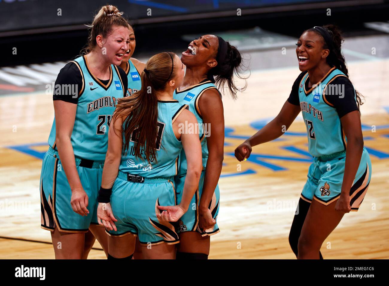 New York Liberty guard Sabrina Ionescu (20) reacts after making the ...