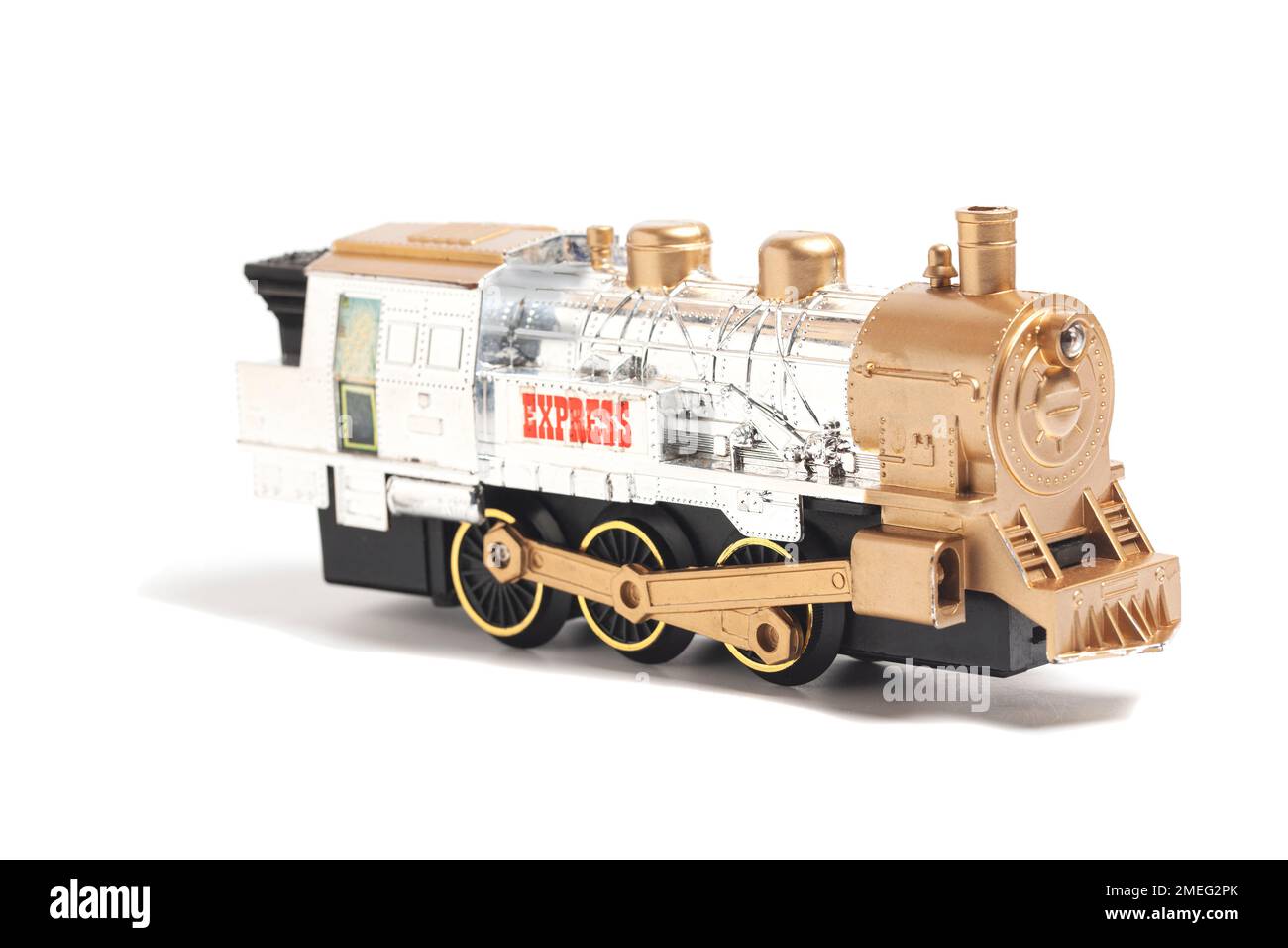 toy train with freight car trolley on railway tracks, isolated on white ...