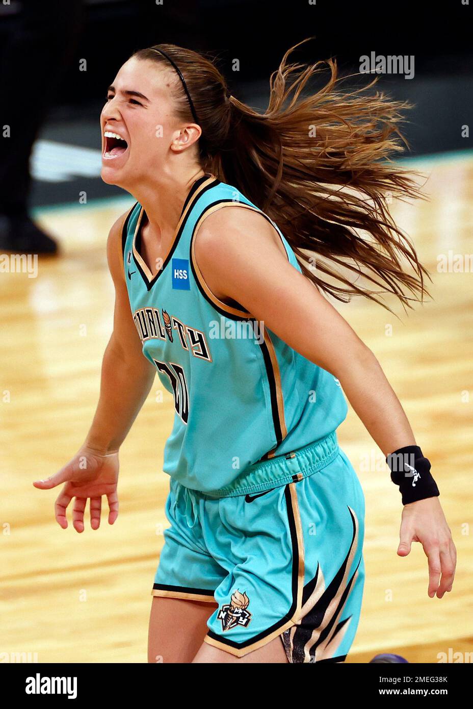 New York Liberty guard Sabrina Ionescu (20) reacts after making the ...