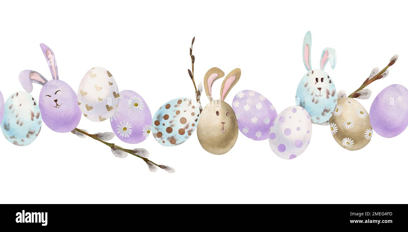 Watercolor hand drawn Easter celebration clipart. Seamless border with ...