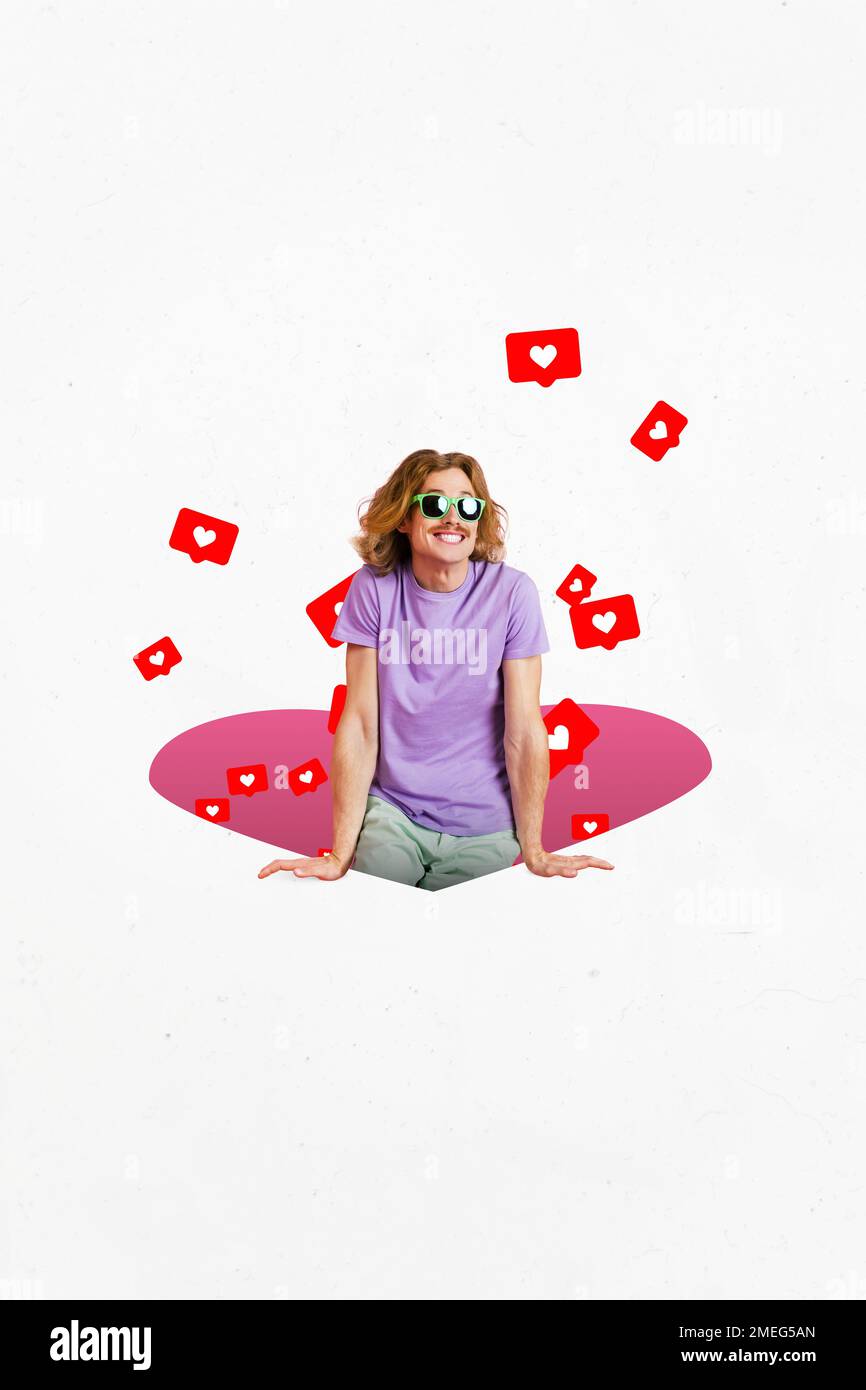 Vertical collage picture of cheerful mini guy inside heart shape hole ...