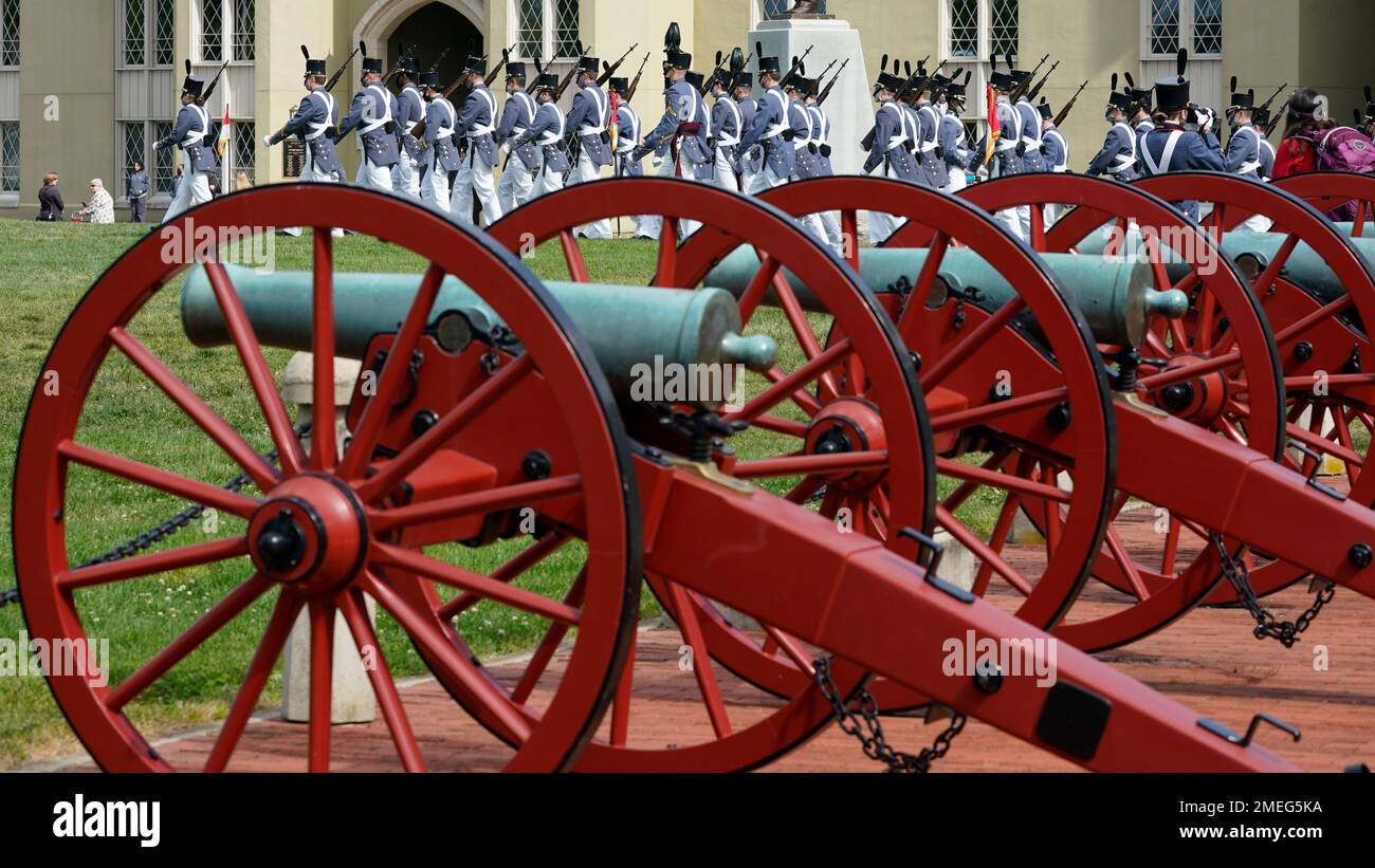 Virginia Military Institute Corp of Cadets march out of the barracks ...