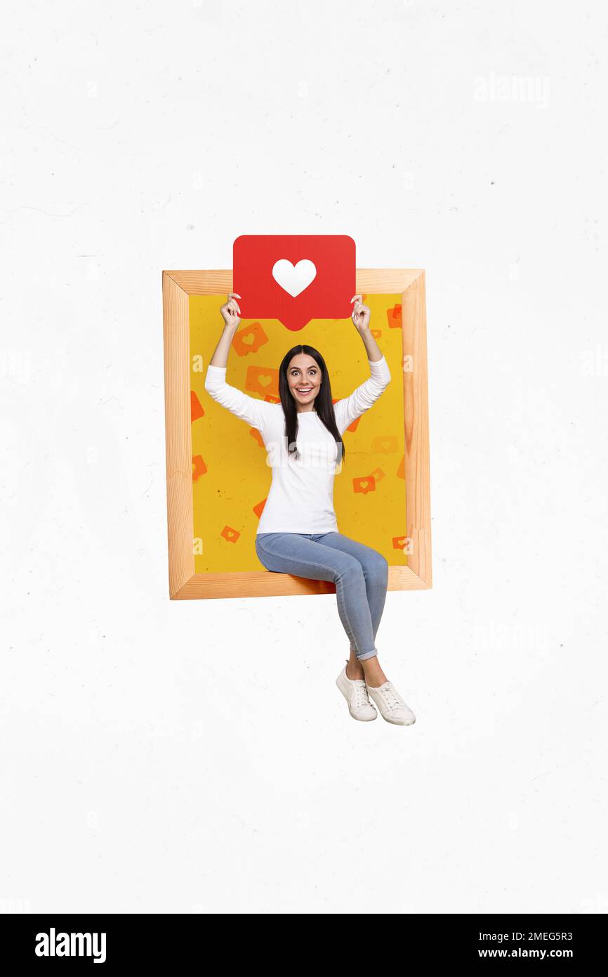 Vertical collage image of positive mini girl sit inside wooden photo ... Vertical collage image of positive mini girl sit inside wooden photo ...