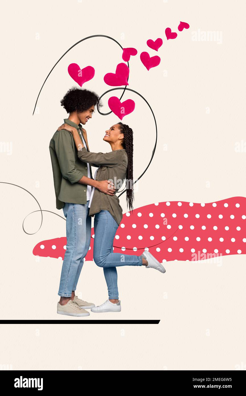 Composite photo collage of two young positive lovely people hugs ...