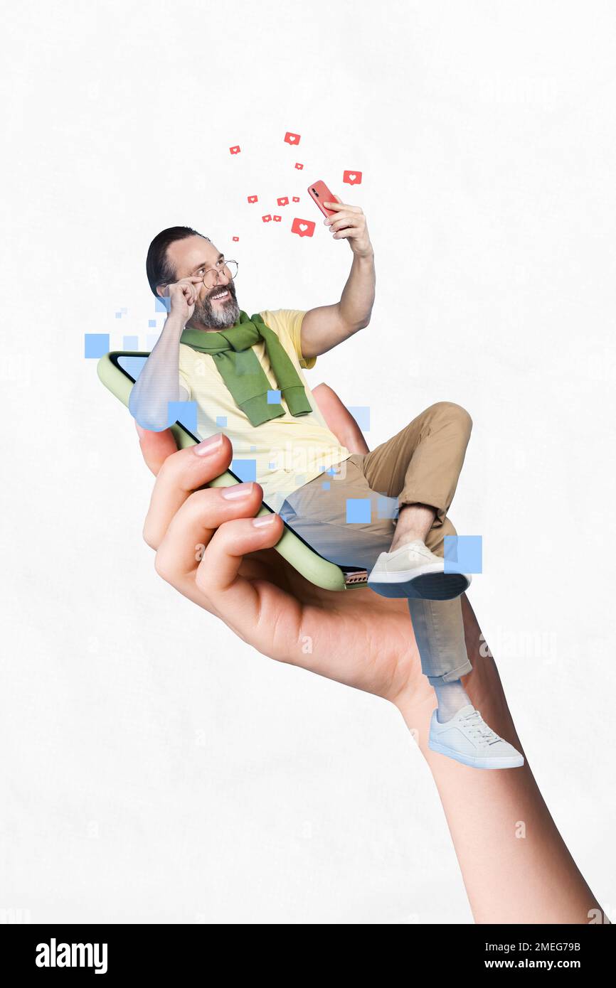 Vertical collage image of arm hold telephone screen mini cheerful ...
