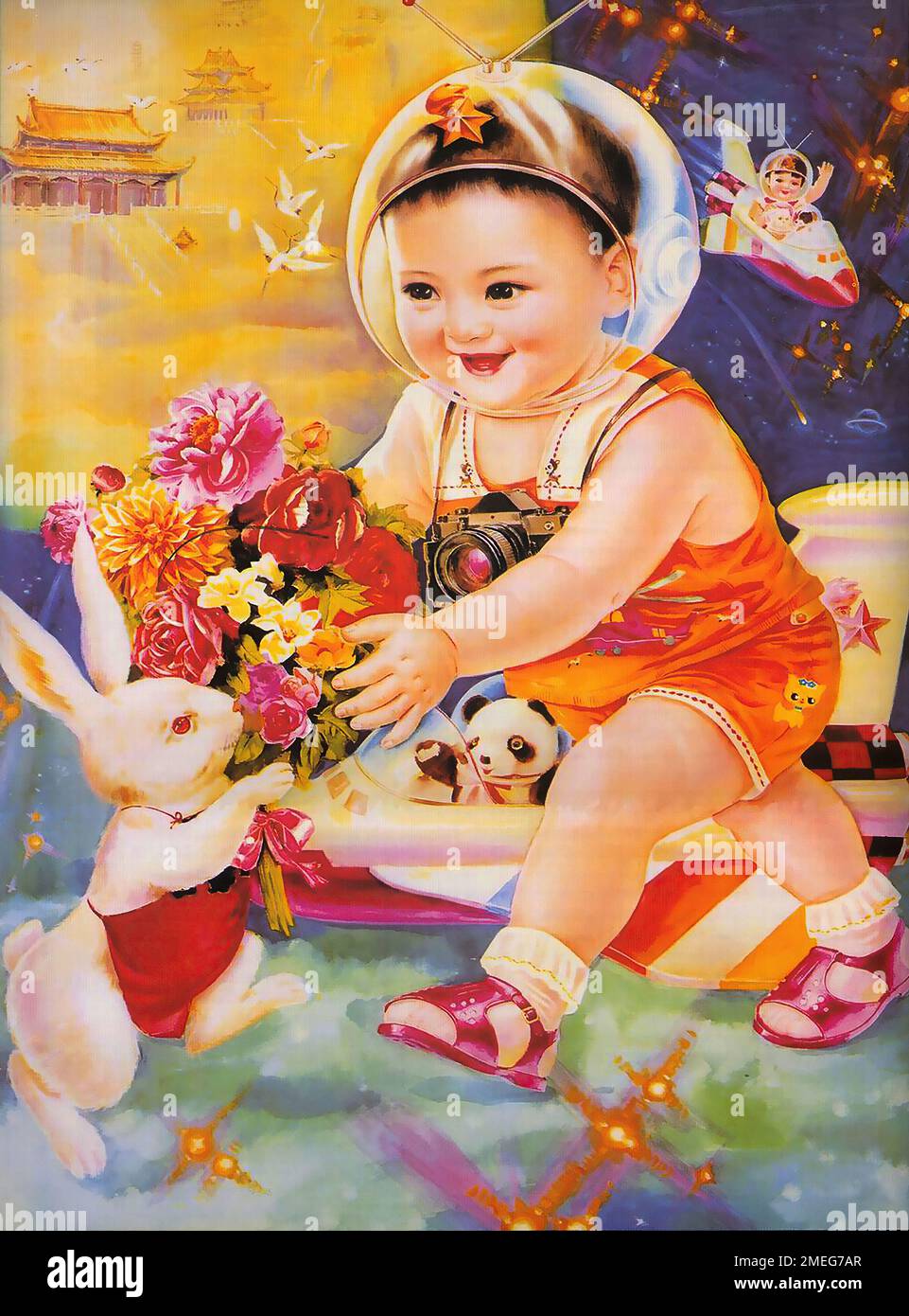 China baby and bunny - Vintage PCR Chinese propaganda poster Stock ...