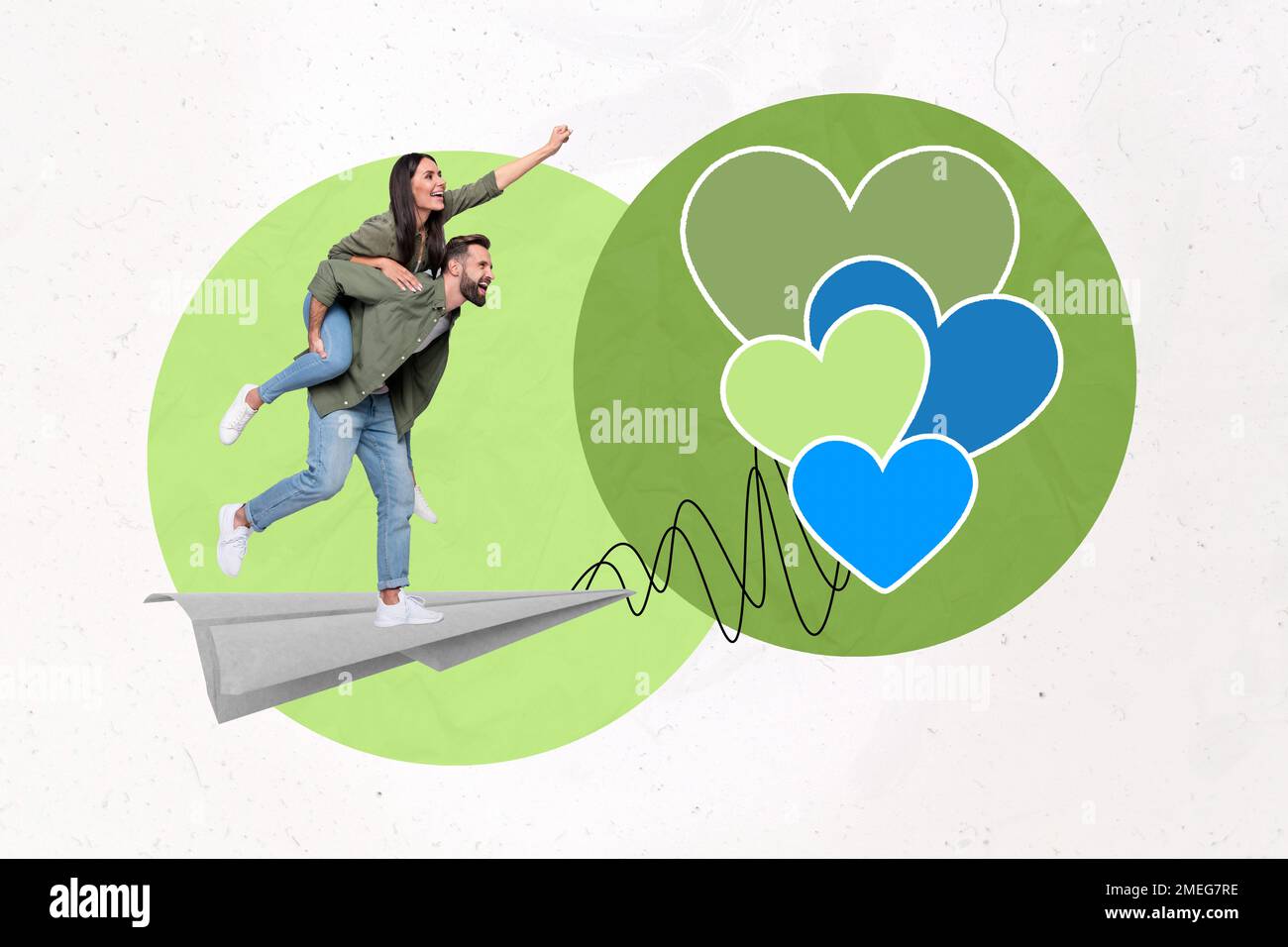 Creative collage picture of two small excited partners piggyback stand ...