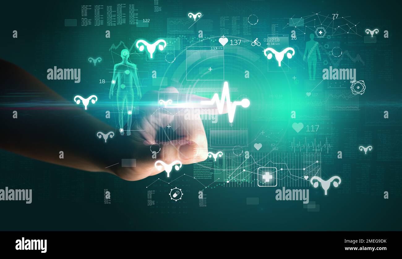 Doctor hand pressing futuristic health device with medical symbol on ...