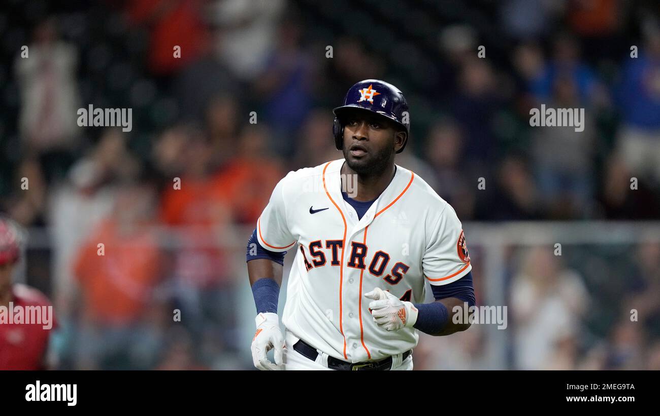Houston Astros' Yordan Alvarez runs the bases after hitting a home run ...