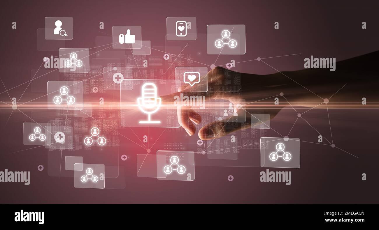 Hand pressing social media multimedia application screen with media ...