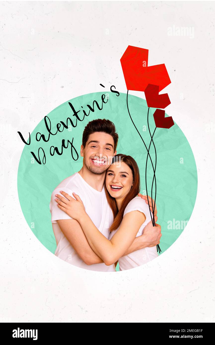 Vertical collage image of two cheerful peaceful partners cuddle hug ...