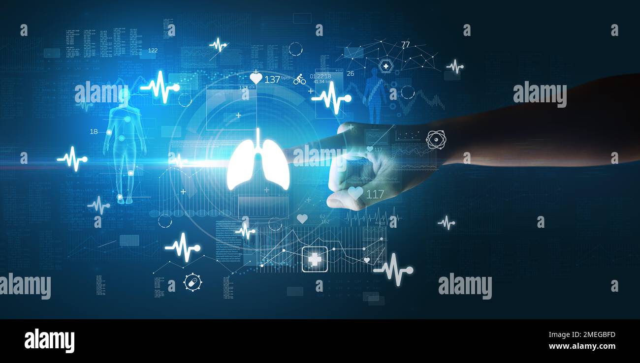 Doctor hand pressing futuristic health device with medical symbol on screen Stock Photo - Alamy